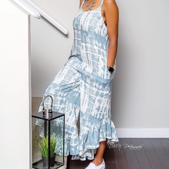 Japna | Pants & Jumpsuits | New Japna Slatewhite Tie Dye Wide Ruffle ...